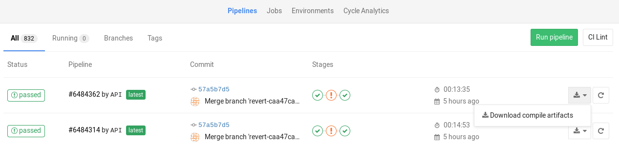 Job artifacts · Pipelines · Project · User · Help · GitLab